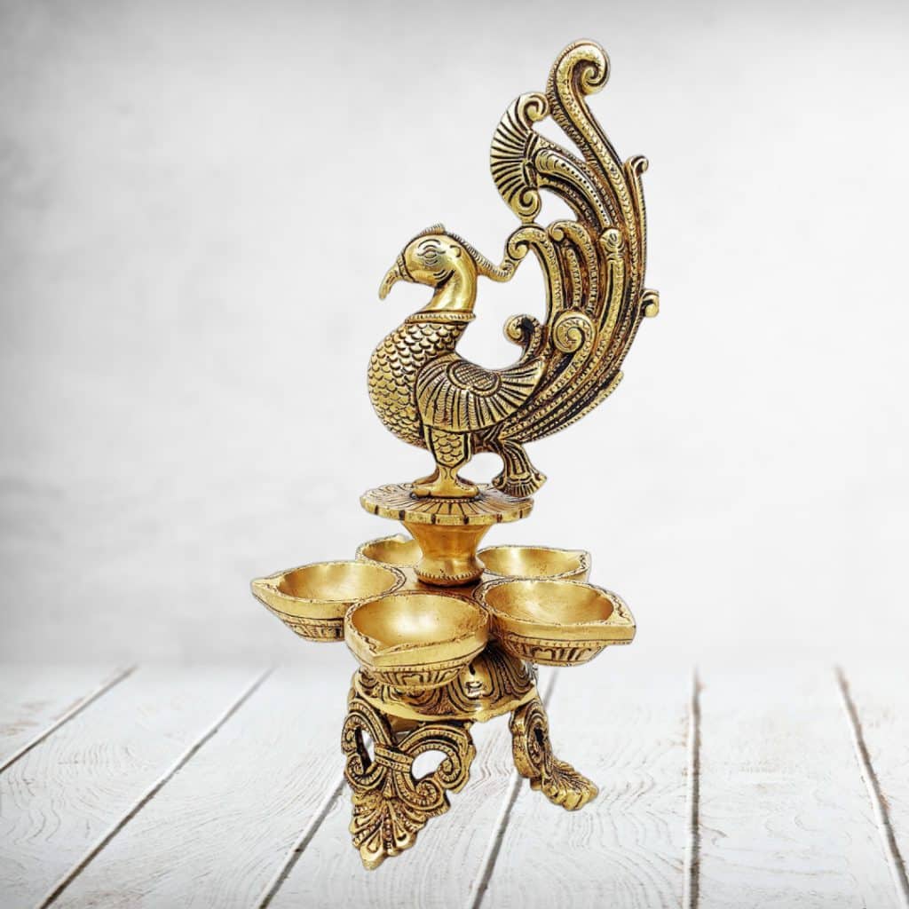 MohanJodero Brass Peacock Diya in Antique Golden finish - Buy Indian ...